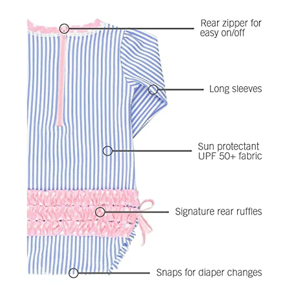 RuffleButts® Baby/Toddler Girls Long Sleeve One Piece Swimsuit - Blue Seersucker with UPF 50+ Sun Protection - 6-12m