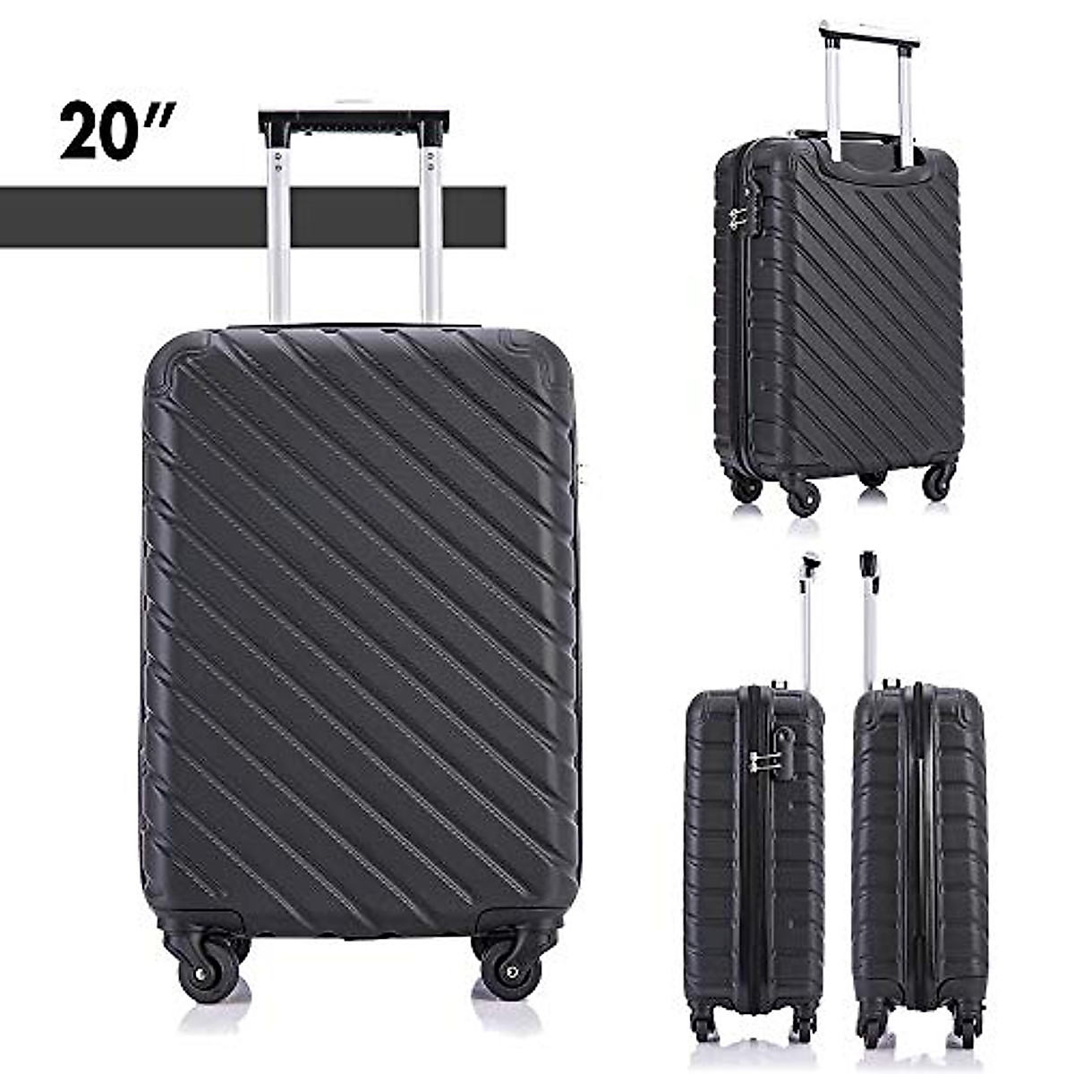 Apelila 4 Piece Hardshell Luggage Sets, Black Travel Suitcase, Check in & Carry On Luggages with Spinner Wheels Free Cover& Hangers Inside 18" 20" 24" 28"