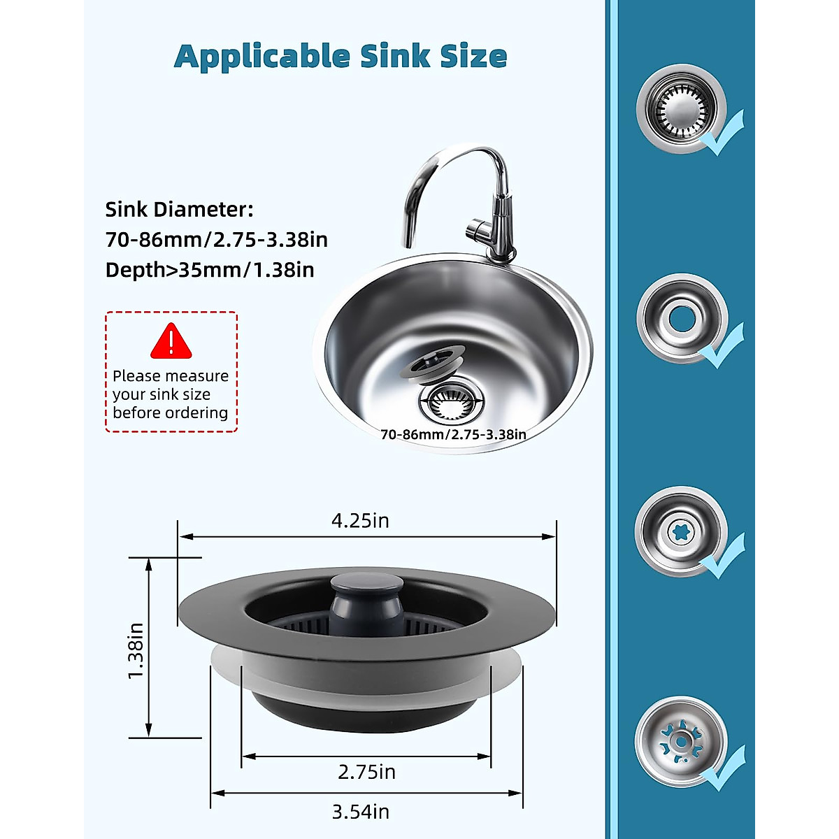 3 in 1 Black Kitchen Sink Stopper Strainer, Matteblack 304 Stainless Steel Pop Up Sink Drain Strainer with Handle Rod for US Standard 3-1/2 inch Drain Filter, Anti-Clog