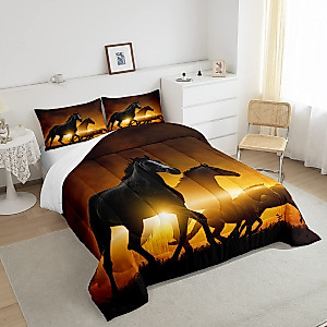 Feelyou Horse Comforter Set Twin Size Western Cowboy Comforter Horse Running in The Sunset Bedding Set Soft All Season Farm Animal Quilted Duvet Set for Kids Boys Teens Machine Washable