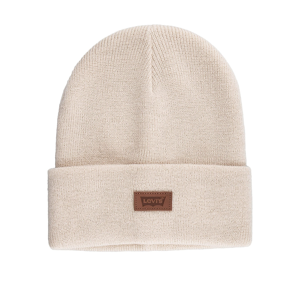 Levi's Unisex Adult All Season Comfy Leather Logo Patch Cuffed Hero Beanie Hat, Cream Solid