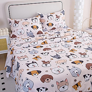 Generic WFFFa 3PC Dogs Printed Bed Sheet Set for Kids,Soft Breathable Fabric Flat Sheet Deep Pocket Fitted Sheet and Pillow Cases Set (Cream, Twin)