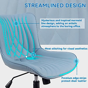 YOUNIKE Office Chair, Armless Desk Chair with Wheels, Aesthetic Home Office Computer Task Chairs, Modern Faux Leather Upholstered Vanity Chair, Adjustable Swivel Rocking Chair with Back, Blue