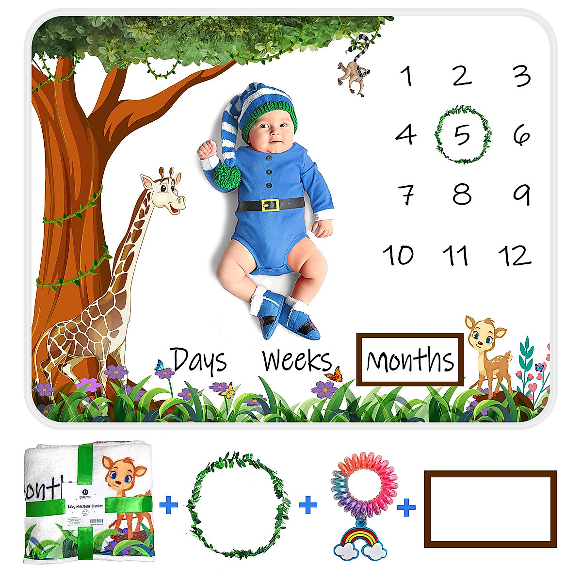 Qualitish Baby Monthly Milestone Blanket Boy Girl, Unisex baby milestone blanket | 40X50 inch Large Premium Extra Soft, Cozy Minky Fleece | Newborn Month Photo Blanket with Wreath Frame and Wrist Band
