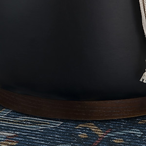 Linon Lexington Black Faux Leather Round Storage Ottoman with Wood Accent