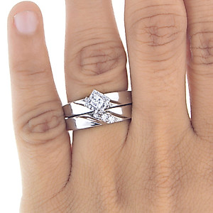 Triostar Princess Cut Created Diamond 14K White Gold Over 925 Sterling Sliver Engagement Bridal Wedding Band Trio Ring Set for His & Her Women's Size 8 & Men's Size 10