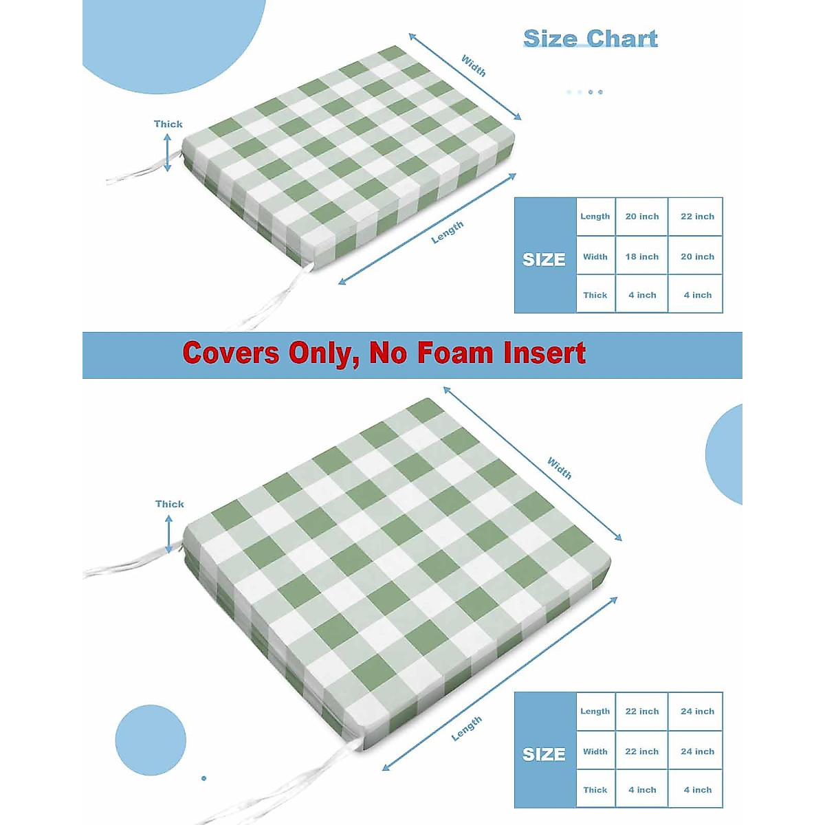 Onekaccu 2 Pack Indoor/Outdoor Seat Cushion Cover, Sage Green Cushion Seat Cover Waterproof Chair Cushion Slipcovers Pad with Ties for Patio Garden Spring Summer Buffalo Plaid 24Lx24W