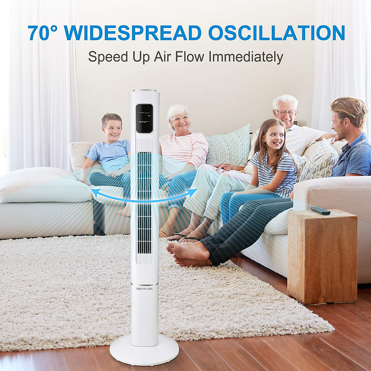 FREE VILLAGE 47'' Bladeless Tower Fan - 47 Inch Portable Tower Fan with Remote, 15 Hours Timer, 70¡ã oscillation, LCD Display, Compact Size, 3 Modes and 3 Speed Settings, Safe for Kids and Pets, White