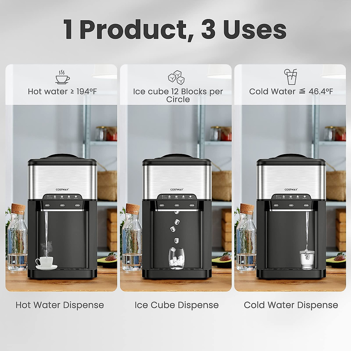 COSTWAY Water Dispenser with Ice Maker, Hold 3-5 Gallon Bottle, 3-in-1 Countertop Top-Loading Hot Cold Water Cooler Machine for Home Office, Safety Lock, 48Lbs/24H, 12 Cubes, 4Lbs Storage Basket