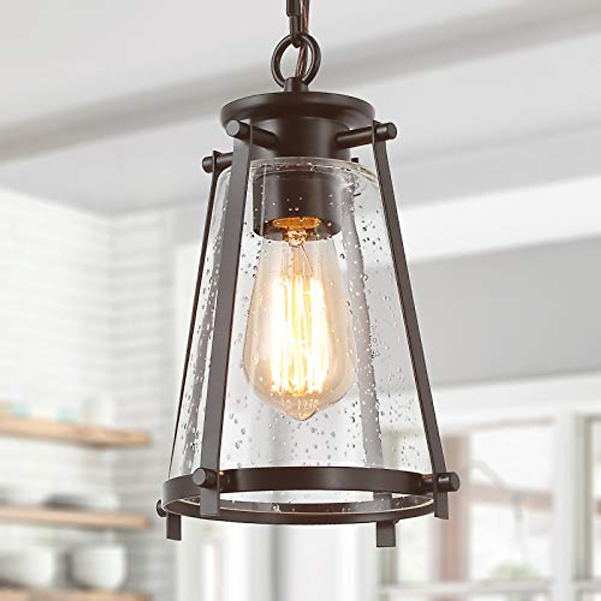 GEPOW Farmhouse Pendant Lighting for Kitchen Island, Rustic Hanging Light Fixture with Seeded Glass Shade for Bedroom, Foyer and Entryway, Bronze