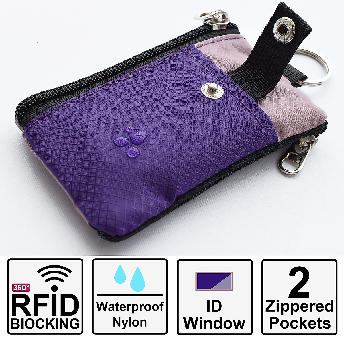 CHENSPRX Minimalist RFID Blocking Small Wallet with ID Window,WaterResistant Zip Id Case Wallet with Lanyard Keychain for Cards,Cash,Travel,Women,Men (Purple+LightPurple)