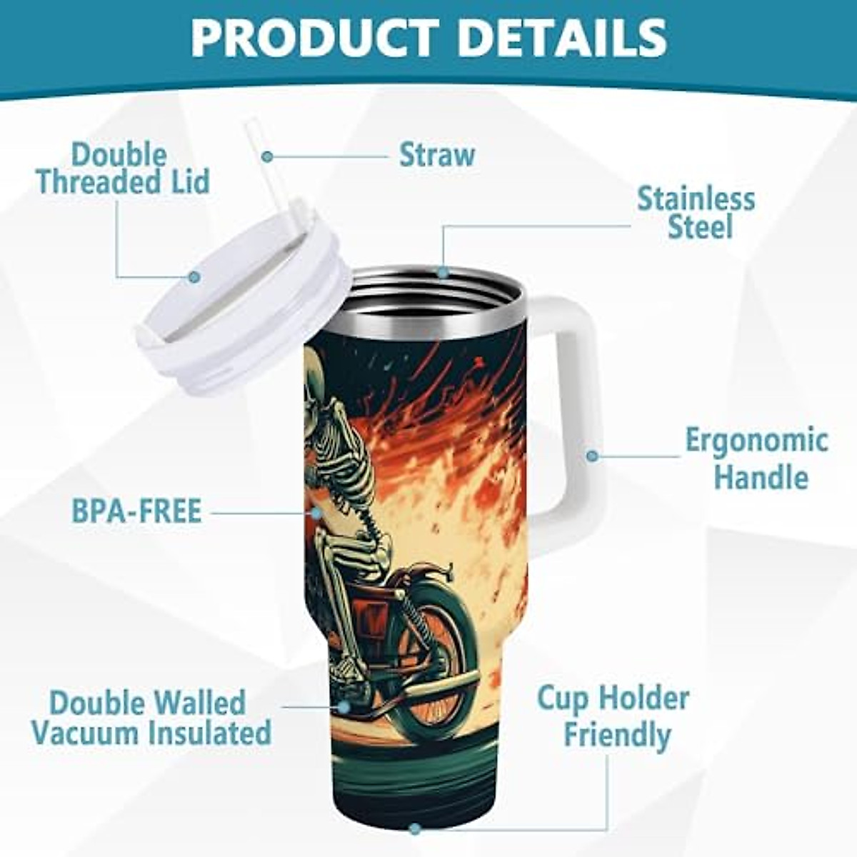 Jihqo Retro Skeleton Motorcycle 40 oz Stainless Steel Vacuum Insulated Tumbler with Handle and Straw Lid, Leakproof Water Bottle Double Wall Travel Mug Coffee Cup, Cupholder Friendly