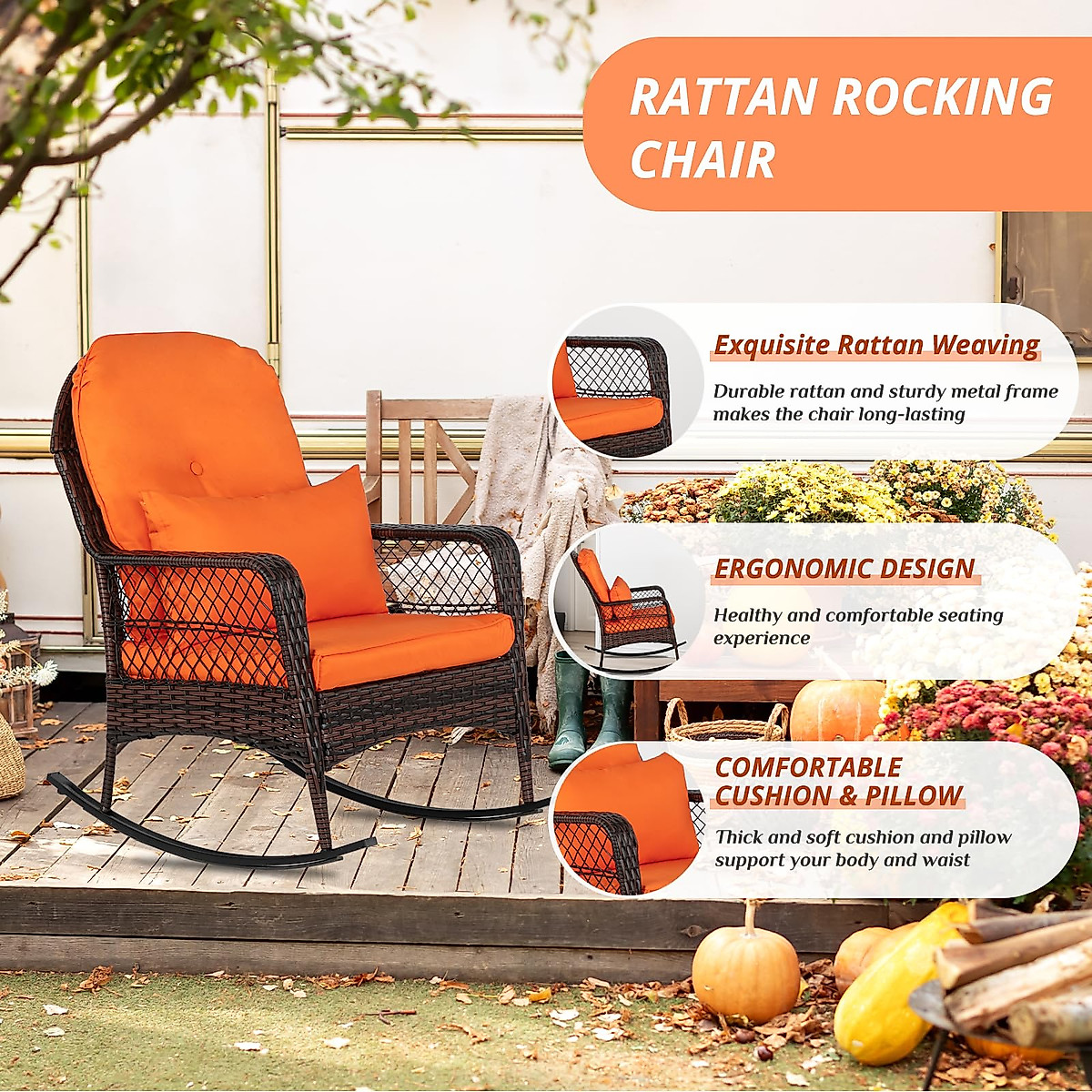 Outvita Rocking Chair, Outdoor PE Rattan Rocking Chair with Soft Orange Cushion and Pillow for Patio, Porch, Poolside, Living Room