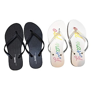 Old Navy Women Beach Summer Casual Flip Flop Sandals (8 White Script Logo & Black Flip Flops) with Dust Cover