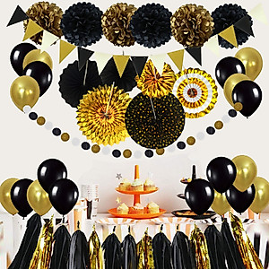 ZERODECO Black and Gold Decorations, Hanging Paper Fans Pom Poms Flowers Tassel Garlands String Triangle Bunting Flags and Balloons for Birthday Graduation Congrats Grad New Years Party Décor
