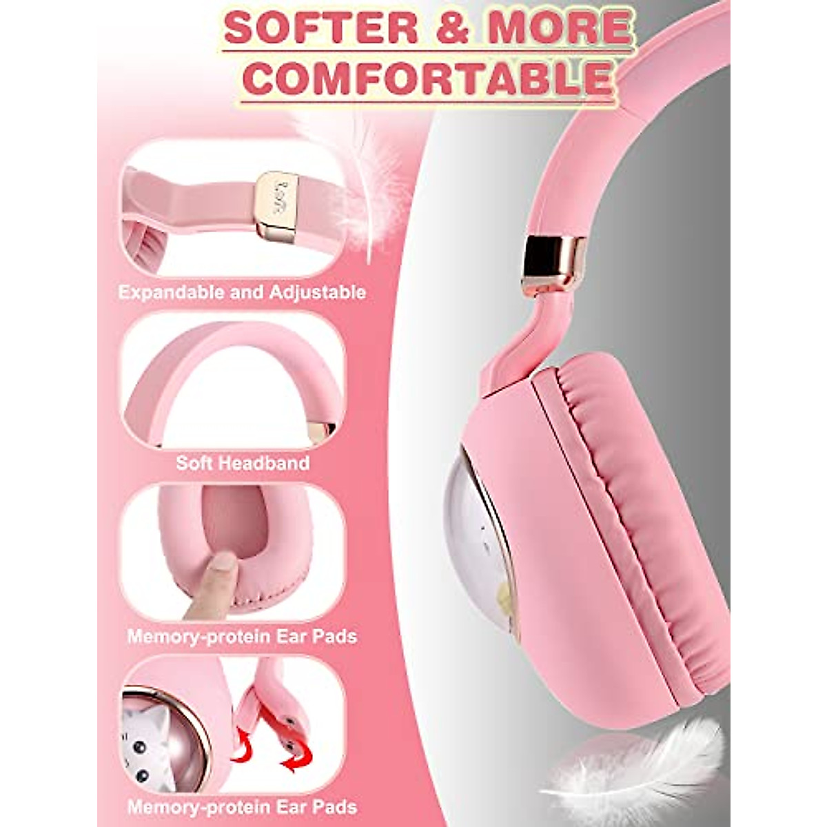 Usoun Kids Wireless Headphones, Bluetooth Over Ear Headphones with Cute Cat Colorful LED Lights,Wireless&Wired,Foldable,Build-in Mic,Bluetooth Headphones for Kids Girls Teens Adults,School (Pink)