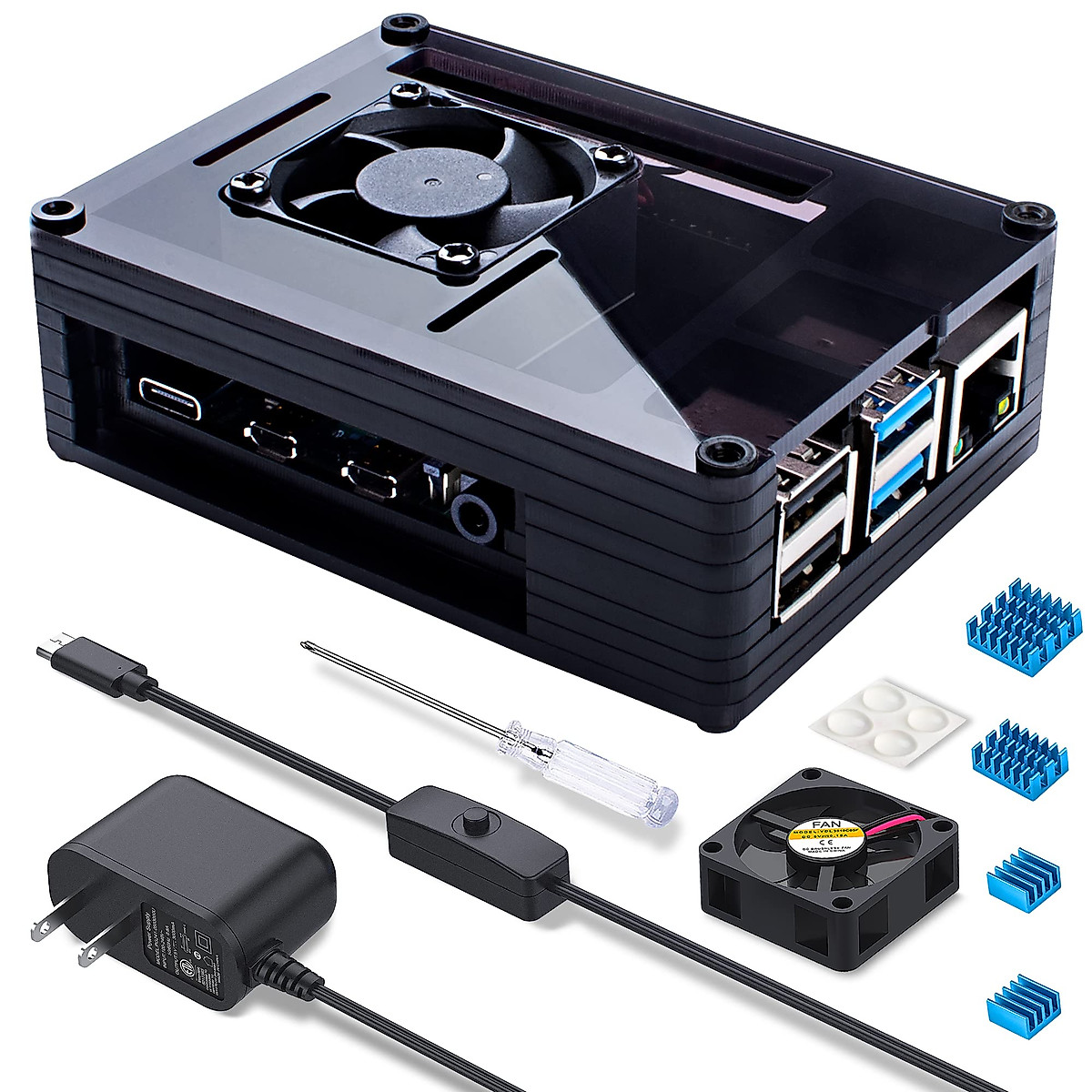 Miuzei Pi 4 B+ Case with Fan Cooling Pi 4B Case with 5V 3A USB-C Power Supply 4Pcs Heat-Sinks