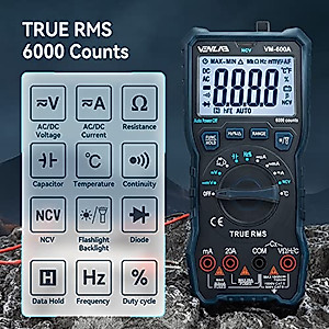 VENLAB Digital Multimeter TRMS 6000 Counts Volt Amp Meter Ohm Auto-Ranging Multimeter Tester with NCV,Measures Voltage Current Resistance Diodes Continuity Duty-Cycle Capacitance Temperature