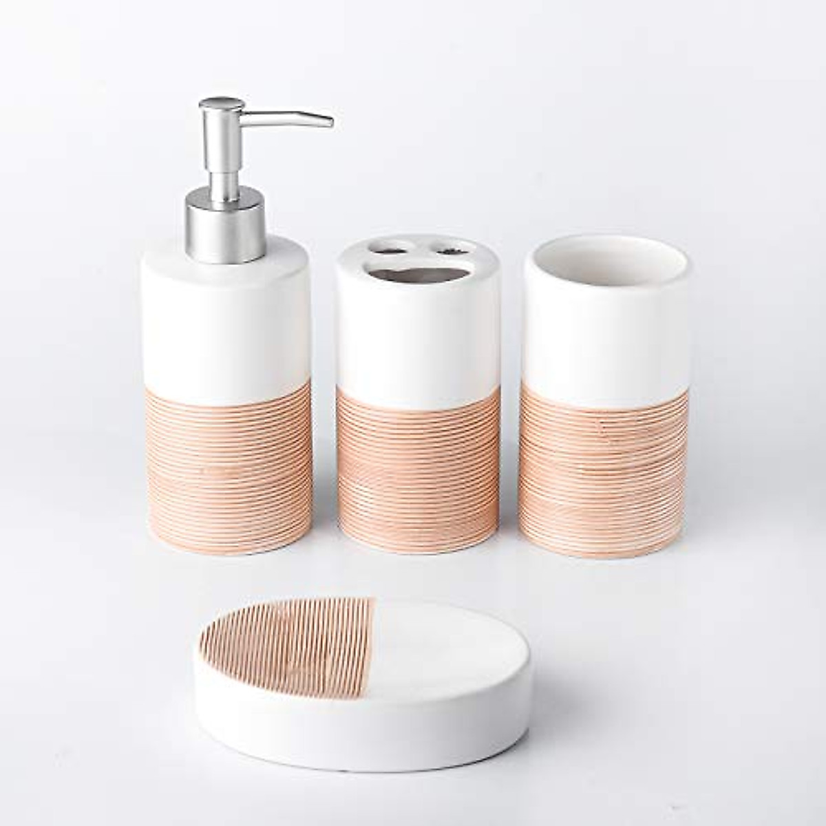 MIUFA 4 Piece White Deluxe Ceramic Bathroom Accessories Set Soap Dispenser Toothbrush Holder,Tumbler & Soap Dish (White)