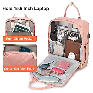 LOVEVOOK School Backpack for Women Cute College Backpack Waterproof Laptop Bookbag with USB Charging Port Vintage Bag 15.6 inch,Pink