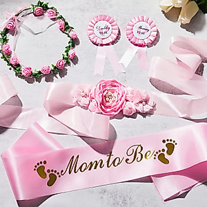 Xinnun 5 Pcs Baby Shower Maternity Sash Kit Shoulder Sash and Pin Daddy Corsages Flower Crown Pregnancy Sash Rose Wreath Headdress for Baby Shower Pregnancy Parents Prop Present Party Favor(Pink)