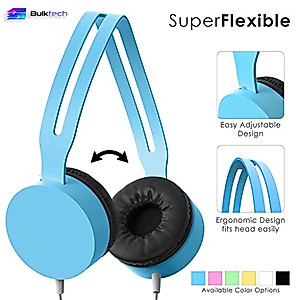 Bulktech 728 Stereo Headset for Kids, Children and Teens - Tangle-Free Wired Cord On-Ear Headphones with 3.5mm Jack for Smartphones, Tablets, School, Kindle, Airplane Travel - 1 Pack Blue