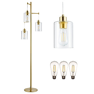 VONLUCE Gold Floor Lamp for Living Room, Modern Brass Floor Lamp 64'' Tall Standing Light w/ E26 Bulbs & Foot Switch, Industrial Standing Lamp for Bedroom Home Office Décor Reading