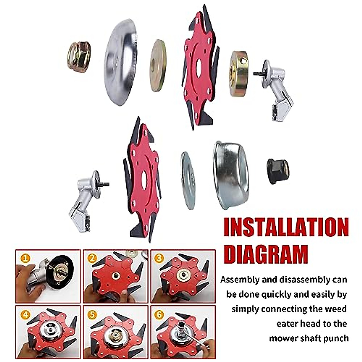 Gashwer Steel Trimmer Head 6 Steel 65Mn Razors Trimmer Head & 3 Teeth Brush Cutter Blade, Universal Weed Eater Blades Metal with Universal Adapter Kit, Compatible with String Trimmers