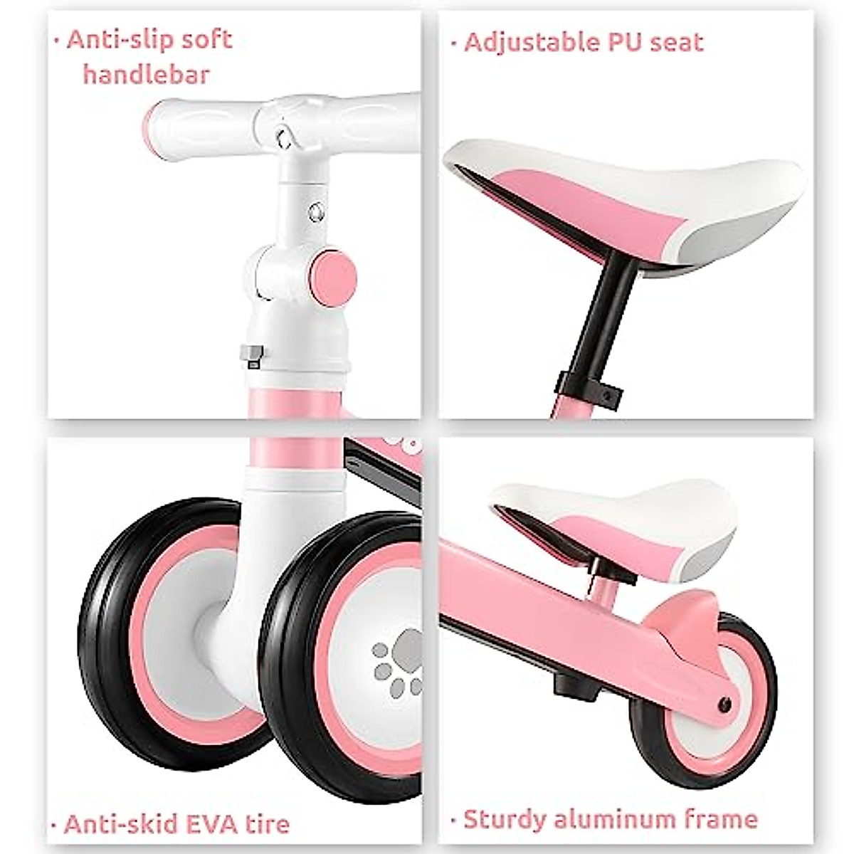 JOLLITO Baby Balance Bike, Adjustable Toddler Bicycle 12-24 Months, Best Birthday Gifts Toys for 1 Year Old Boys Girls, 3 Wheel, Pink
