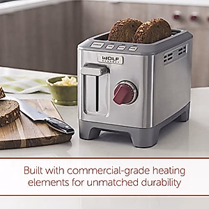 Wolf Gourmet 2-Slice Extra-Wide Slot Toaster with Shade Selector, Bagel and Defrost Settings, Red Knob, Stainless Steel (WGTR152S)
