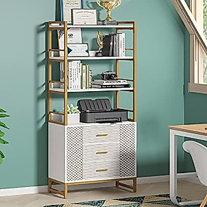 Tribesigns 3-Drawer Bookshelf Tall Ladder Shelf Bookcase with Storage, Modern Book Cases and Book Shelves 4 Shelf Organizer, Metal Wood Book Shelving Unit for Bedroom, Office, White & Gold