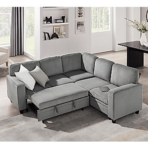 RedLemon Sectional Sleeper Sofa with Pull Out Couch Bed, 80'' Convertible L Shaped Couch with Storage Chaise & USB Charging Port, Comfy Sofa for Living Room, Apartment, Corduroy, Light Grey