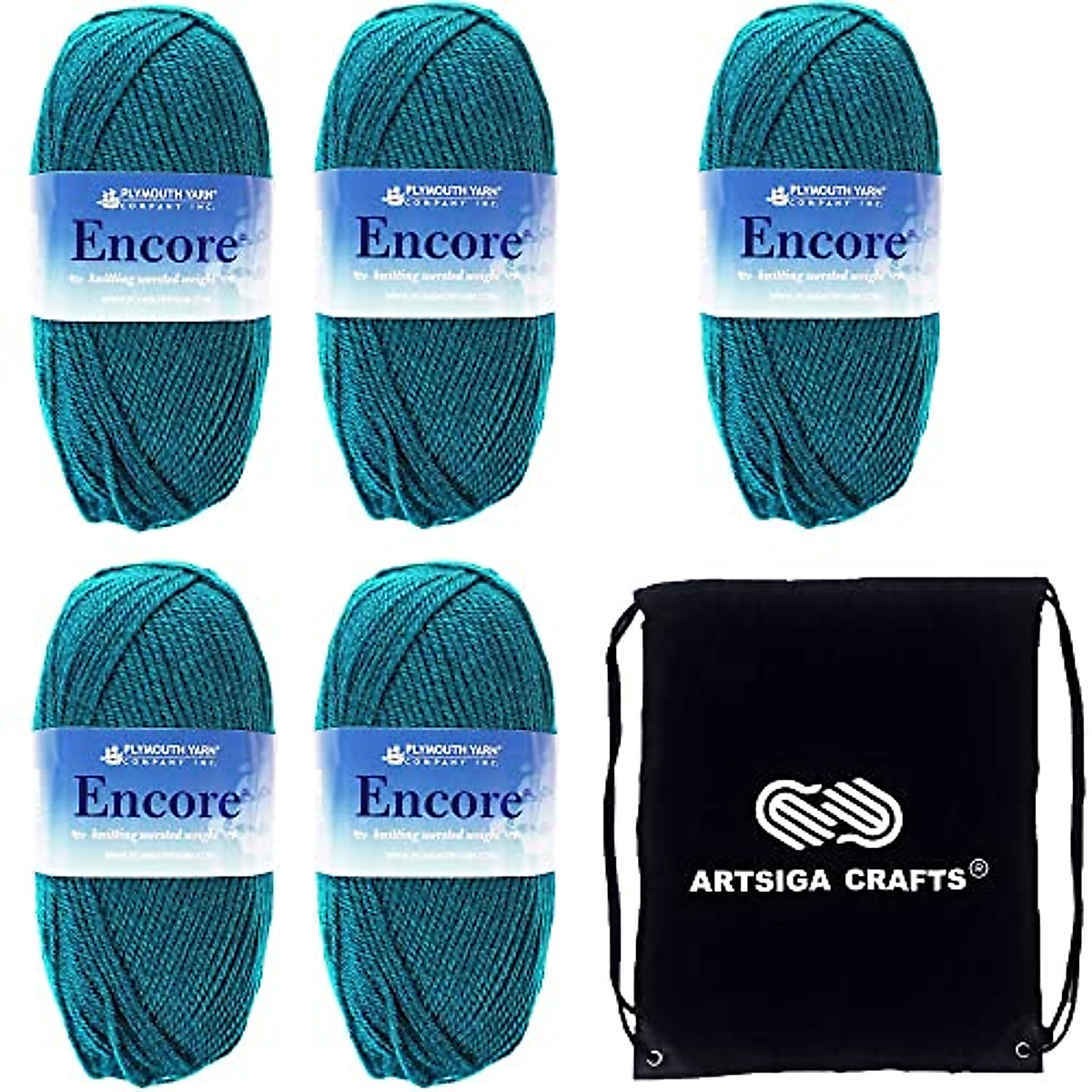 Plymouth Yarn for Knitting Encore Worsted Teal Topaz 0157, 5-Skeins (Same Dyelot, Total: 500 gr, 1000 yds), Medium Weight #4, 75% Acrylic/25% Wool Blend, Bundle with Artsiga Crafts Project Bag