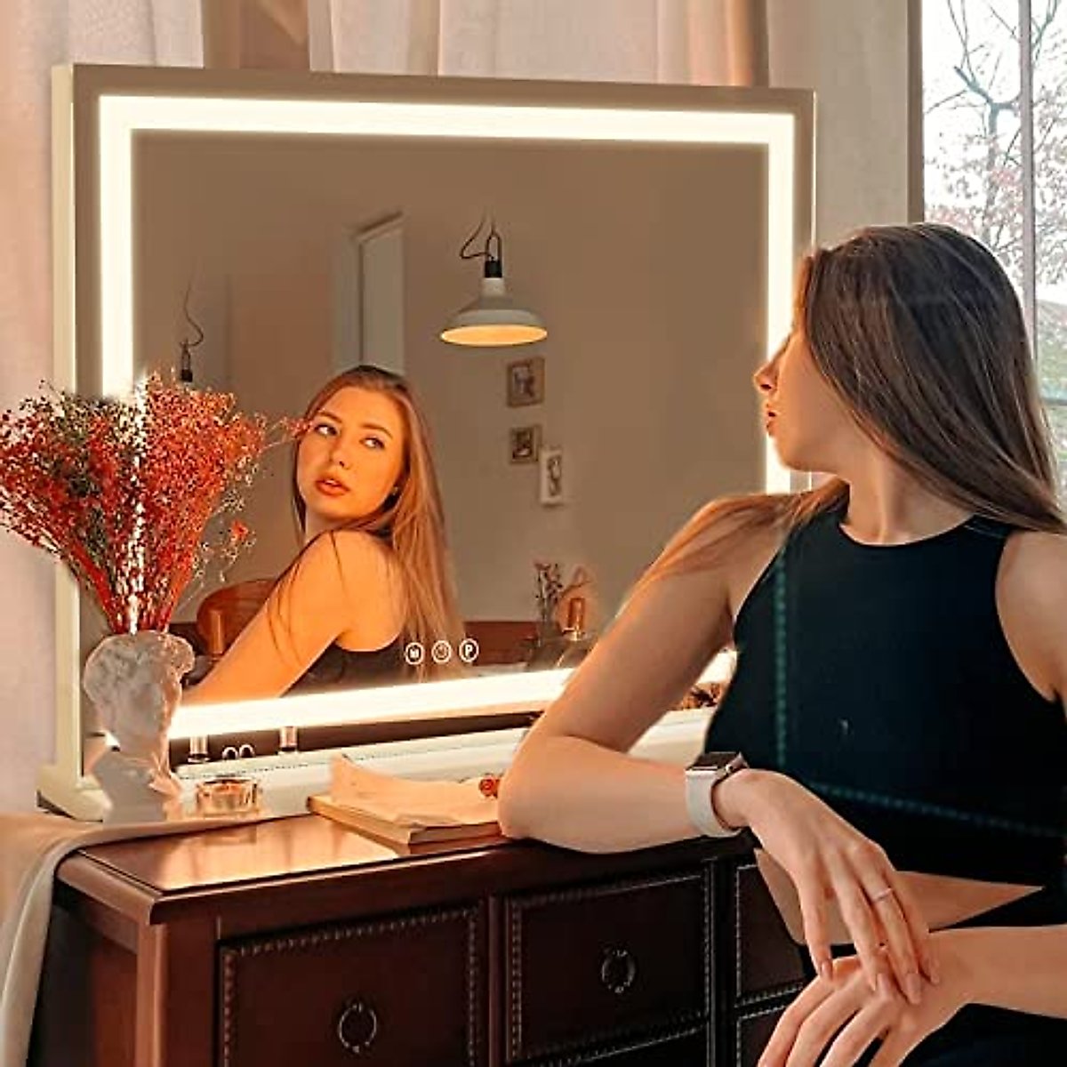 Sucedey Vanity Mirror with Lights, 23" x 18" Makeup Mirror, Hollywood Mirror with 3 Color Modes & Adjustable Brightness, Detachable 10x Magnification and USB Charging Design (White)