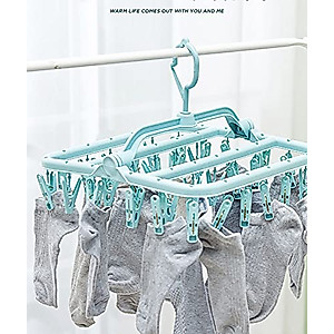 Radefasun Clip and Drip Hanger with 32 Clips Plastic Swivel Hook Portable Folding Drying Rack Baby Clothes Hanger Foldable Travel Accessories for Socks Bras Lingerie Towels Underwear Gloves (Blue, 32)