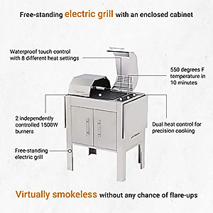 Kenyon Texan Touch Control Electric Grill With Stand, Double Burner, Built-In Grill, Marine-Grade Stainless Steel Body, Faceted Split Lid, Double Coated Dishwasher Safe Grate, 240 Volts