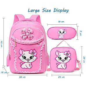 Debbieicy Cute Cat Printing Lace Backpack Lightweight Princess School Bag Kids Bookbag Handbag Pen Bag Set for Primary Girls (Large, Pink1(Backpack Handbag Pen Bag))