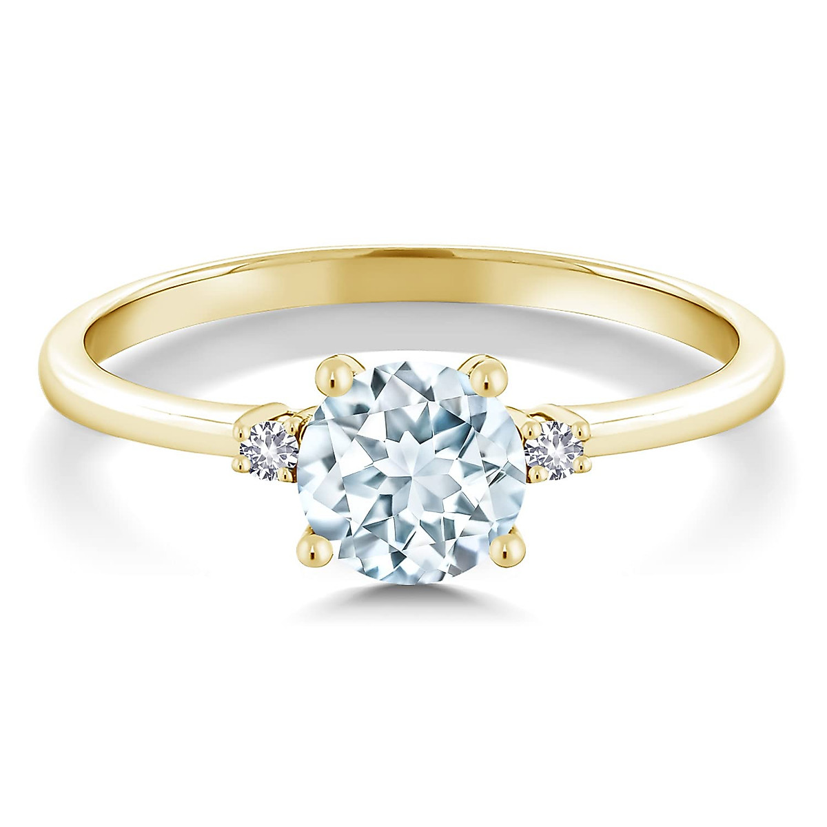 Gem Stone King 10K Yellow Gold Sky Blue Aquamarine and White Created Sapphire Solitaire Engagement Ring For Women (0.78 Cttw, Round 6MM, Gemstone March Birthstone, Size 5)