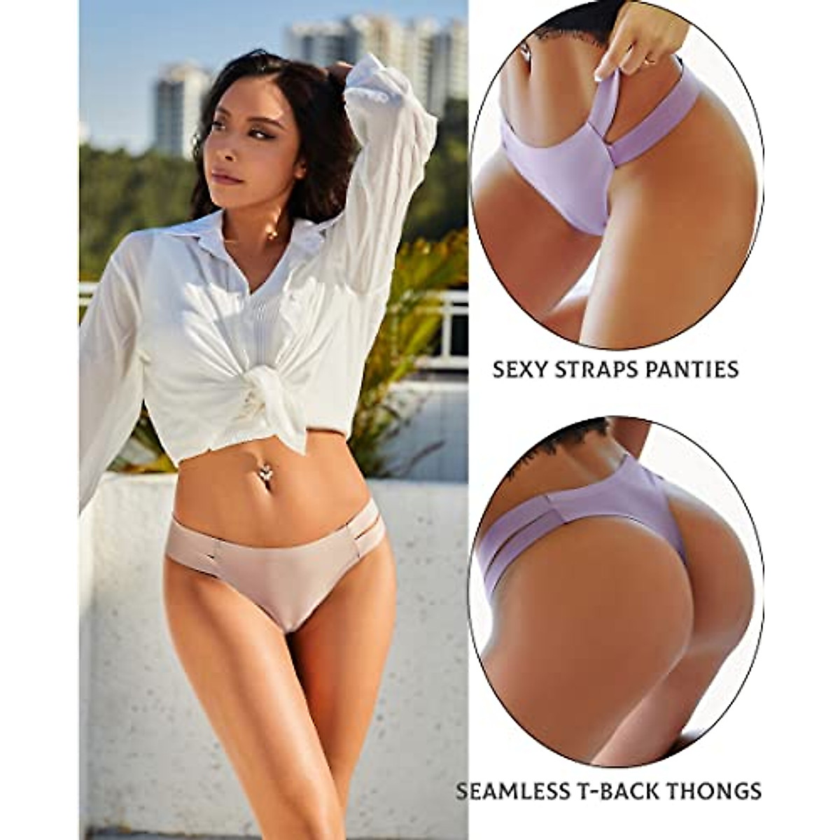 Knowyou 6 Pack Seamless Thongs for Women Sexy No Show Breathable Underwear Stretch Straps T-Back Tangas Panties for Ladies-A-M