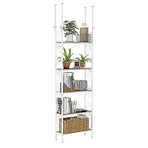 DYN Ptah Floor to Ceiling Adjustble 5 Tiers Bookshelf, Tall Bookshelf with Open Shelves for Storage and Display, Modern Shelf for Living Room, Metal Bookshelf with Wooden Shelf