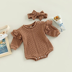 Infant Baby Girls Boys Romper Solid Color Knitted Round Neck Long Fly Sleeve Jumpsuits with Headband (Coffee, 0-6 Months)