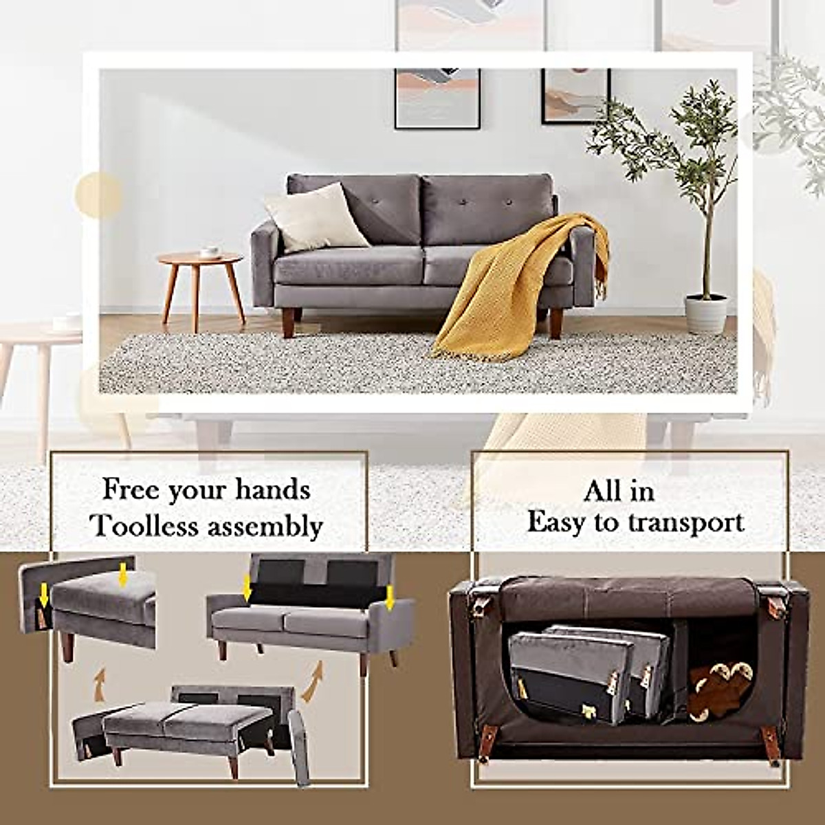 Bettermade Loveseat Sofa,Futon Sofa for Living Room, Velvet Cover Modern Design Couch,Tools-Free Assemble,2 Seats with 600 LB Load,Gray