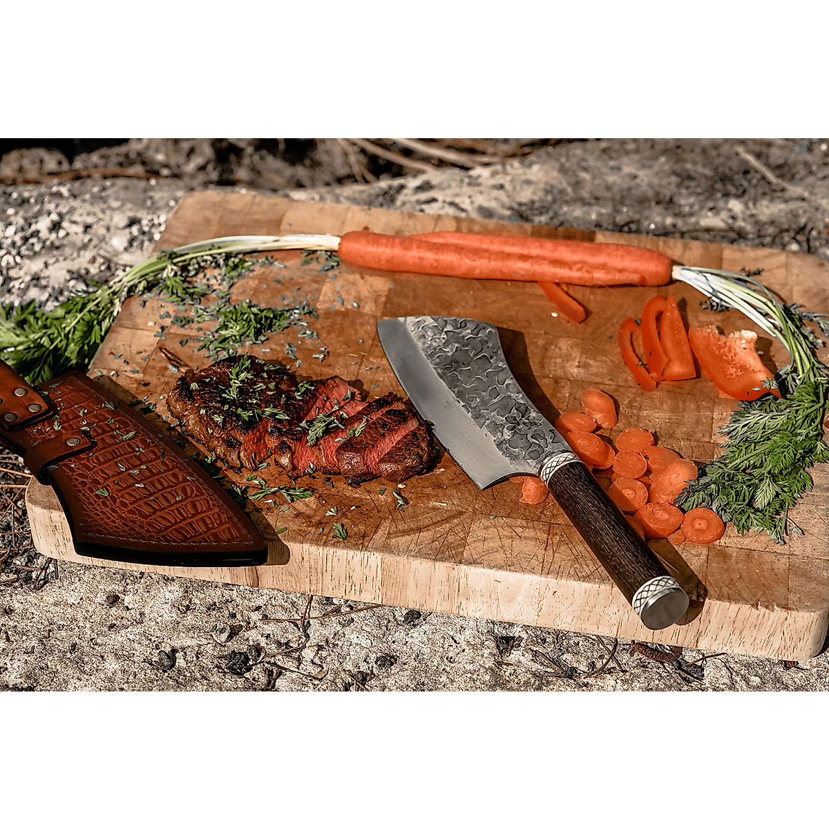 Norse Tradesman Chef & Cleaver Hybrid Knife - 7.5" Razor Sharp Kitchen Knife – Genuine Cowbone Accented Handle with Celtic Knot Engravings – Artisan Forged