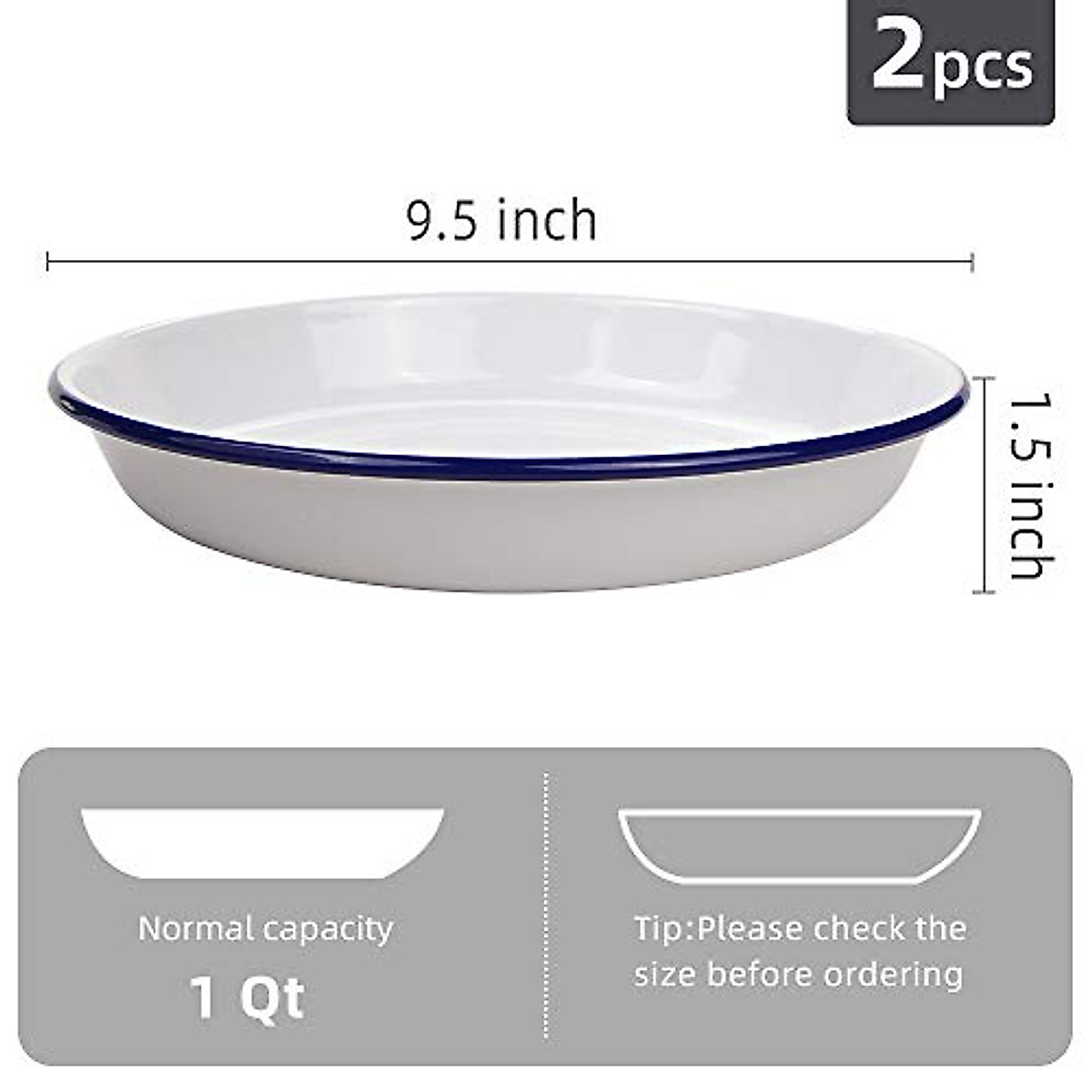 Webake 9.5 Inch Enamel Plates, 2 Pack Salad Pasta Bowls Enamelware Dinner Plates White Body with Blue Rim, Serving Trays for Dinner, Outdoor, Picnic, BBQ, Butter