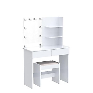 usikey Vanity Set with 10 Light Bulbs, Makeup Table, Vanity Table with 2 Shelves and 2 Big Drawers for Christmas Day, Dressing Table Makeup Vanity with Cushioned Stool for Women, Girls, White