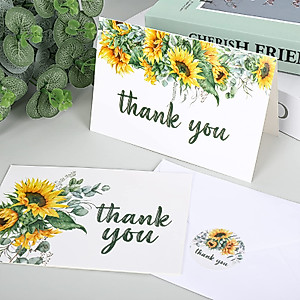 AnyDesign 36Pack Sunflower Eucalyptus Thank You Cards Bulk Watercolor Floral Greeting Cards with Envelopes Matching Seal Stickers Flower Note Cards for Wedding Birthday Baby Shower Bridal Party