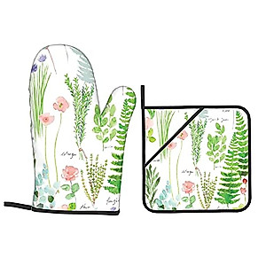 Springtime Herb Garden Heat-Resistant Oven Mitts and Pot Holders 4-Piece Set, Suitable for Kitchen Cooking, Outdoor Grilling