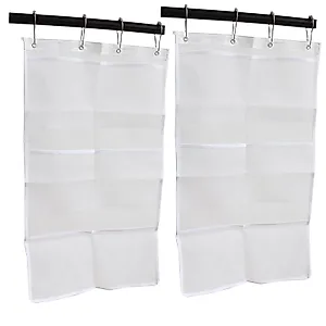 Yashoyi 2PCS White Six Pocket Storage Bags Toiletry Hanging Bags with 4 Gourd Hooks Quick Drying Mesh Shower Caddy Size 14x25in for Bathroom Shampoo Soap and Bath Ball Accessories