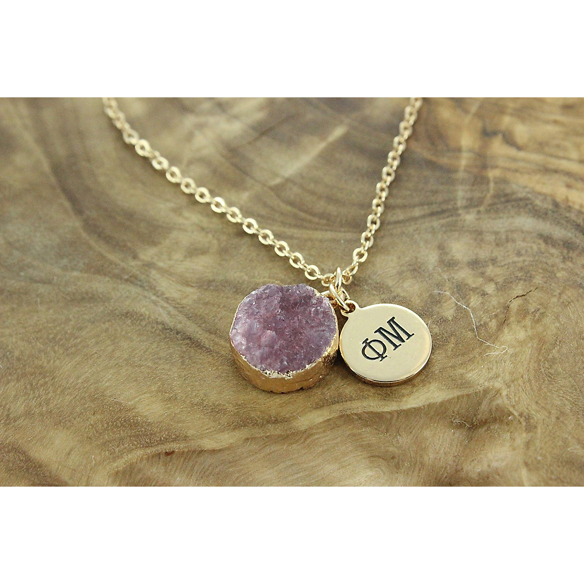 Sorority Shop PM Necklace - Phi Mu Pink Druzy Gemstone Necklace With Engraved Pendant – 14K Gold Dipped Jewelry with Pink Gemstone – Sorority Gift, Charm Paraphernalia