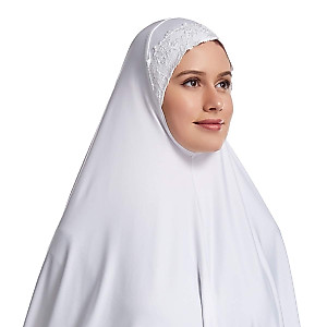 khalat Women's Elegant Hijab Lace Trim Muslim Islamic Ramadan Soft Lightweight Hijab Long Scarf White